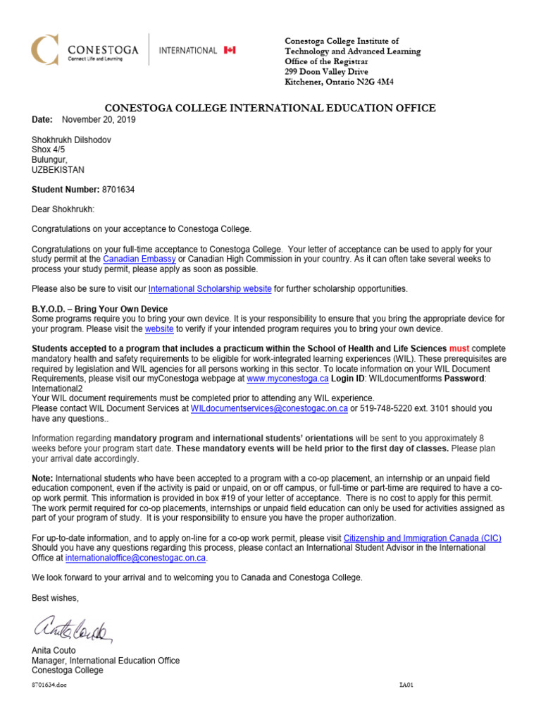 Conestoga College International Education Office: Date | PDF