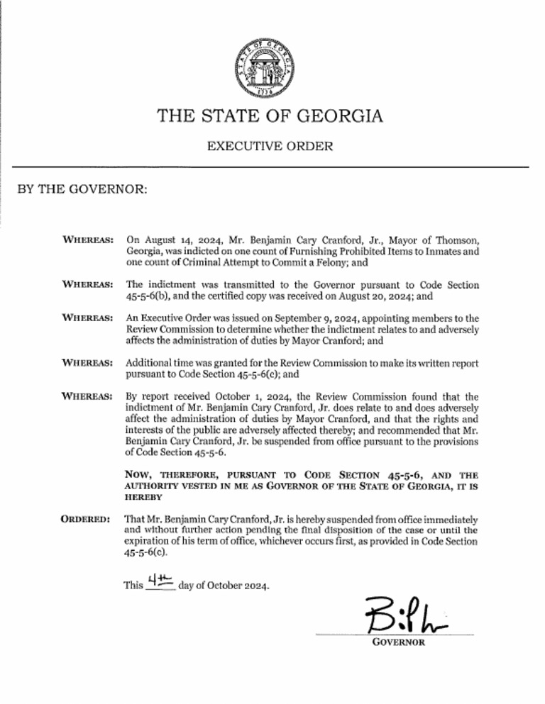 Executive Order Suspending Thomson Mayor Benjamin Cranford | PDF