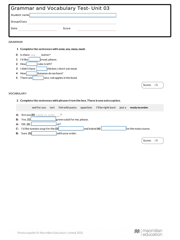 Grammar and Vocabulary Test Unit 03-1 | PDF | Salad | Foods