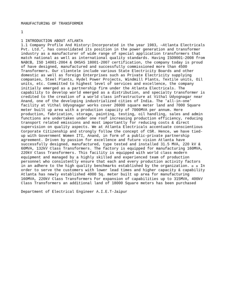 Transformer Manufacturing Process Training Report | PDF