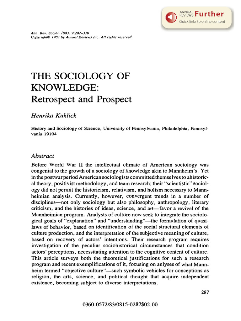 Henrika Kuklick The Sociology of Knowledge | PDF | Sociology | Science