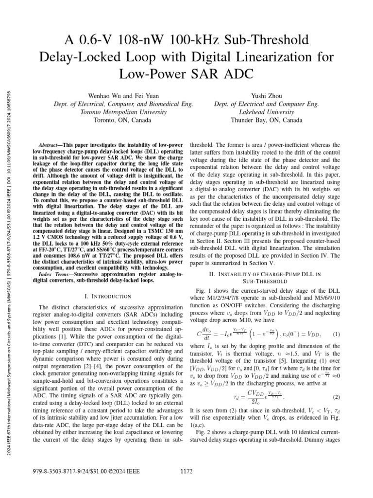 A 0 6 V 108 Nw 100 Khz Sub Threshold Delay Locked Loop With Digital Linearization For Low Power