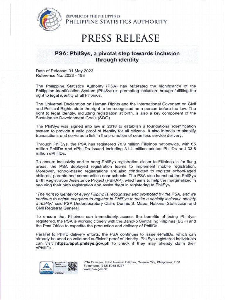 Press Release PSA PhilSys A Pivotal Step Towards Inclusion001 | PDF ...