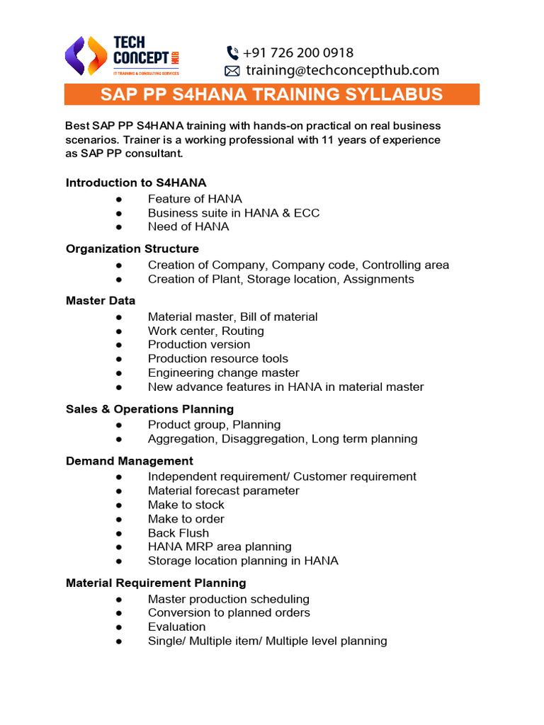Sap PP S4hana Training Syllabus | PDF