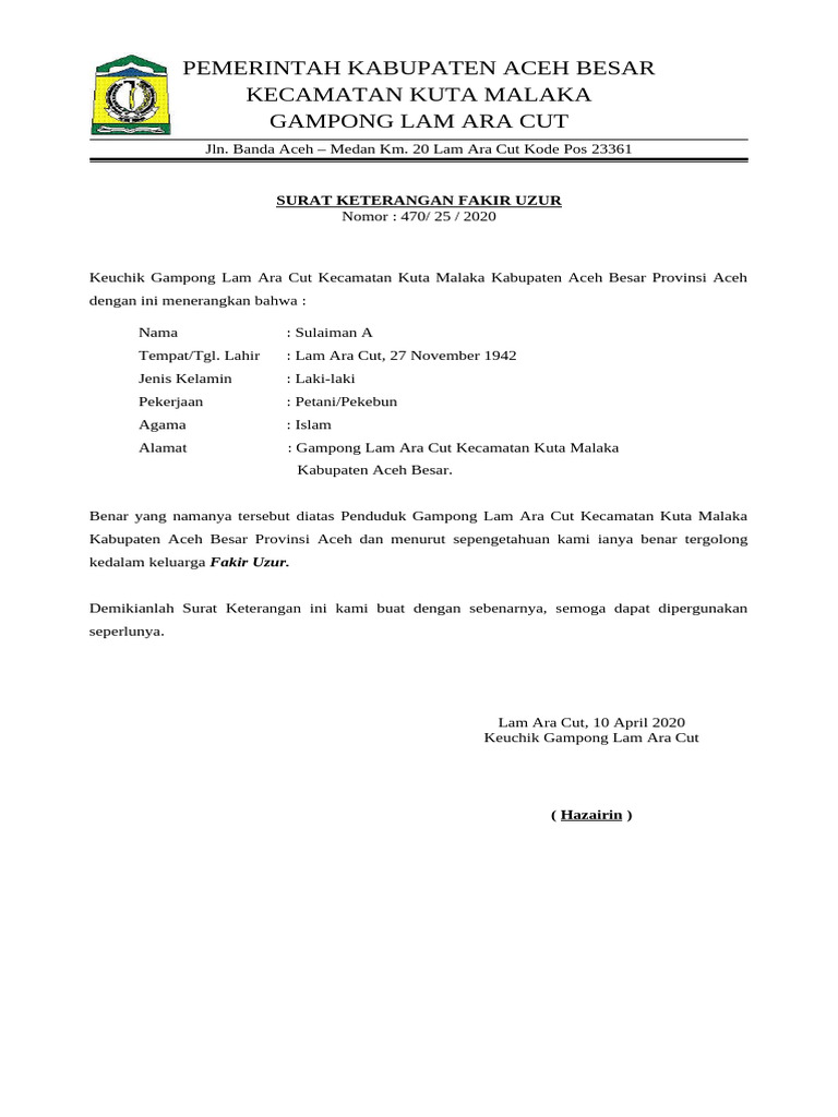Surat Keterangan Fakir Uzur | PDF
