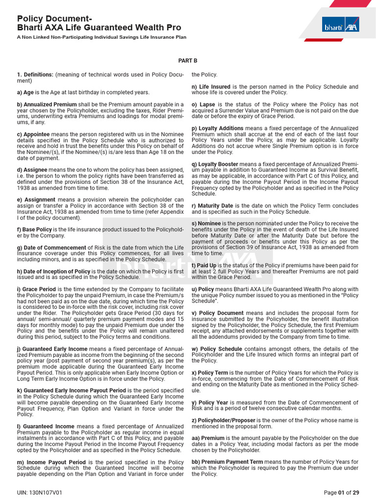 Bharti AXA Life - GWP - Policy Bond - Part B | PDF