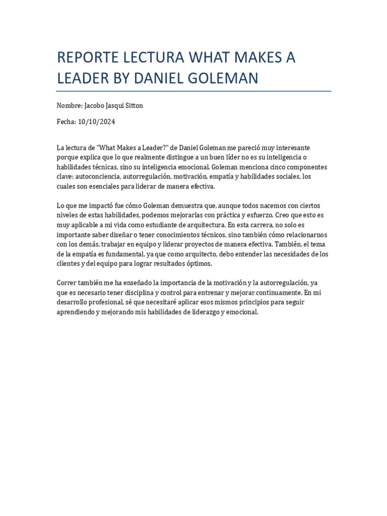 Reporte Lectura What Makes A Leader by Daniel Goleman | PDF | Career ...