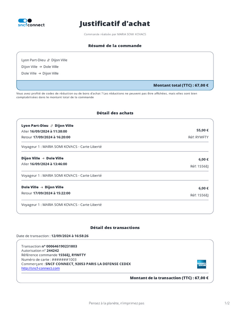 Facture Trains Lyon Dôle 16-17.09 | PDF