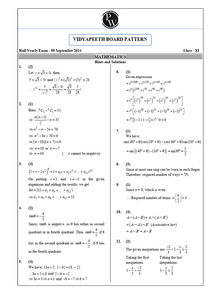 Board Pattern Test - 02 (Home Assignment) - Answer Key (Maths) | PDF