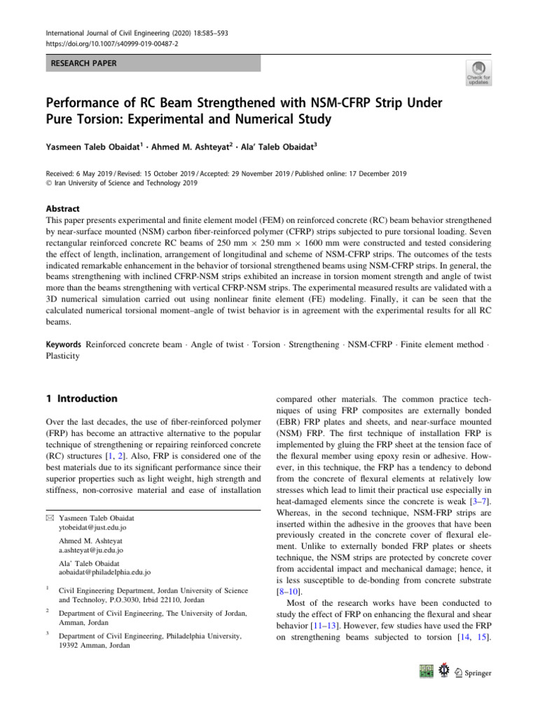 Performance of RC Beam Strengthened With NSM-CFRP Strip Under Pure ...