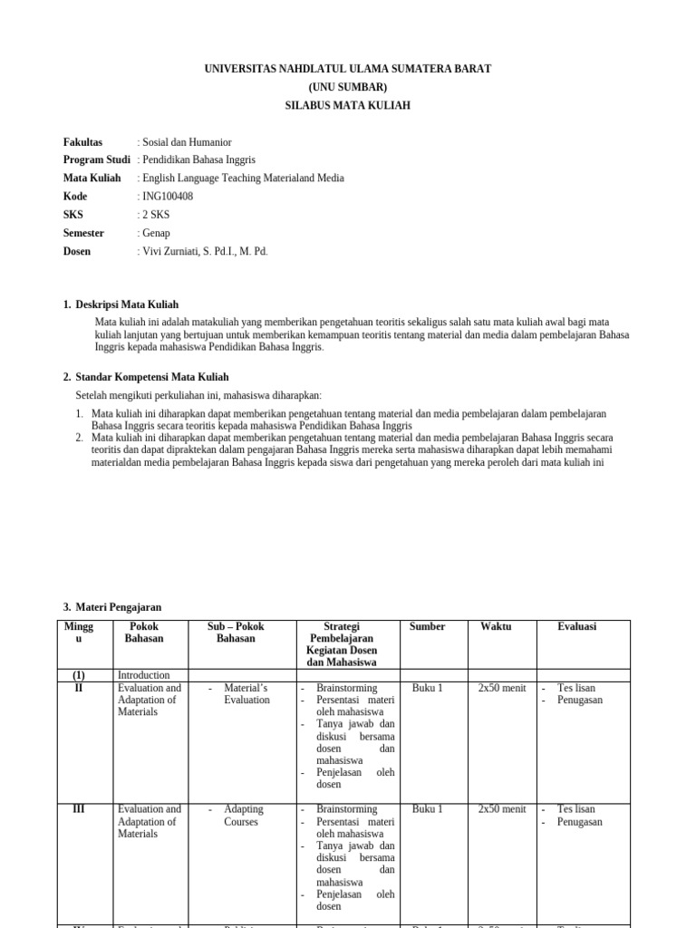 Silabus ELT Material and Media Genap 2021 | PDF