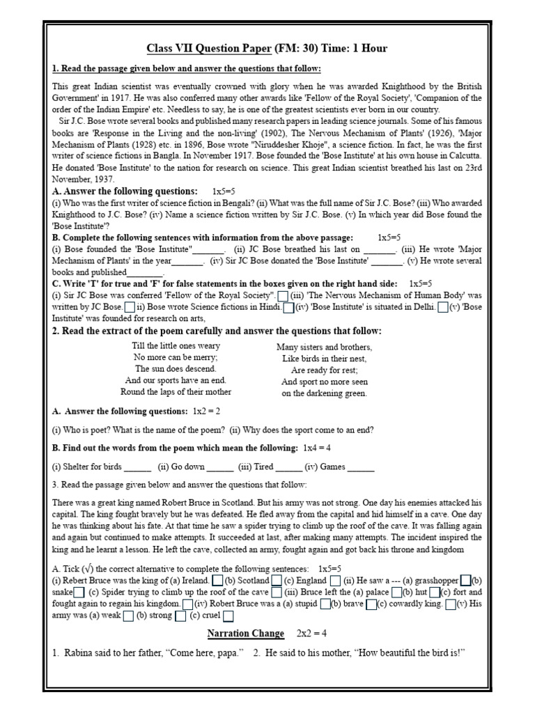 Class VII Question Paper | PDF