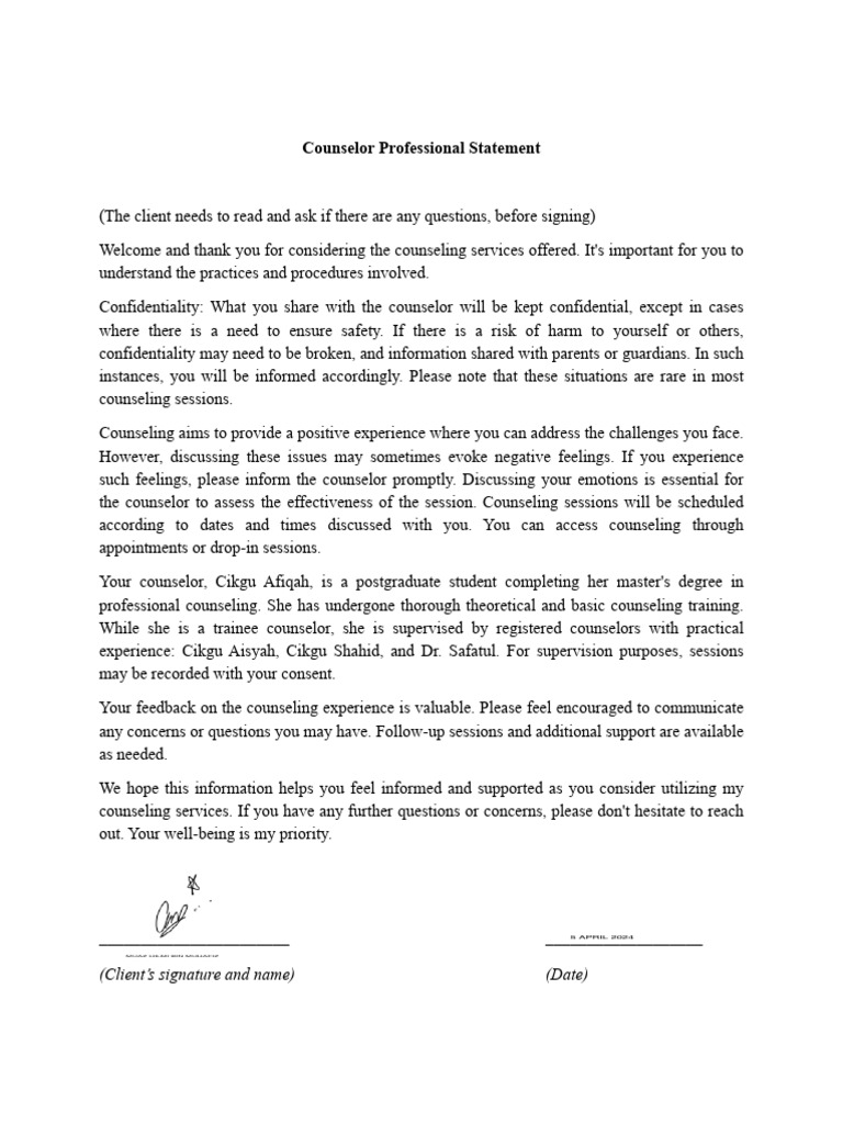Counselor Professional Statement | PDF