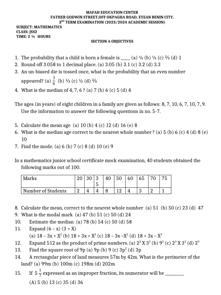Jss 2 Maths Third Term | PDF
