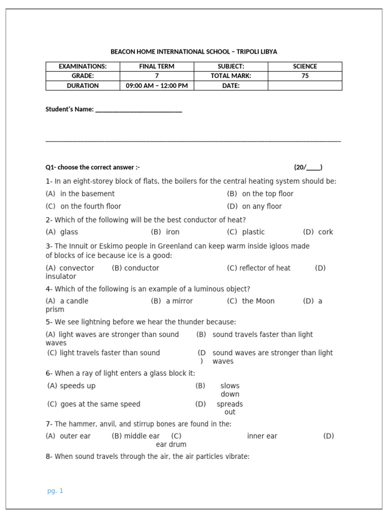Grade 7 Final Exam (May) | PDF | Stars | Teaching Methods & Materials