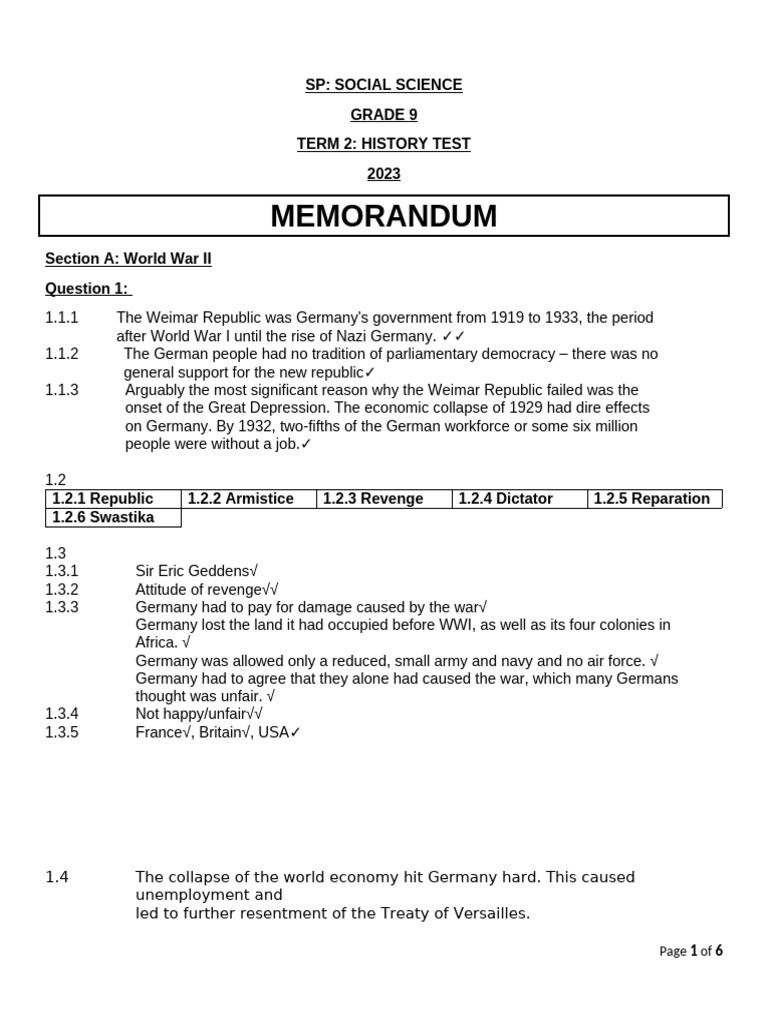 Gr9 - June Hist Test Memo - 2023 | PDF