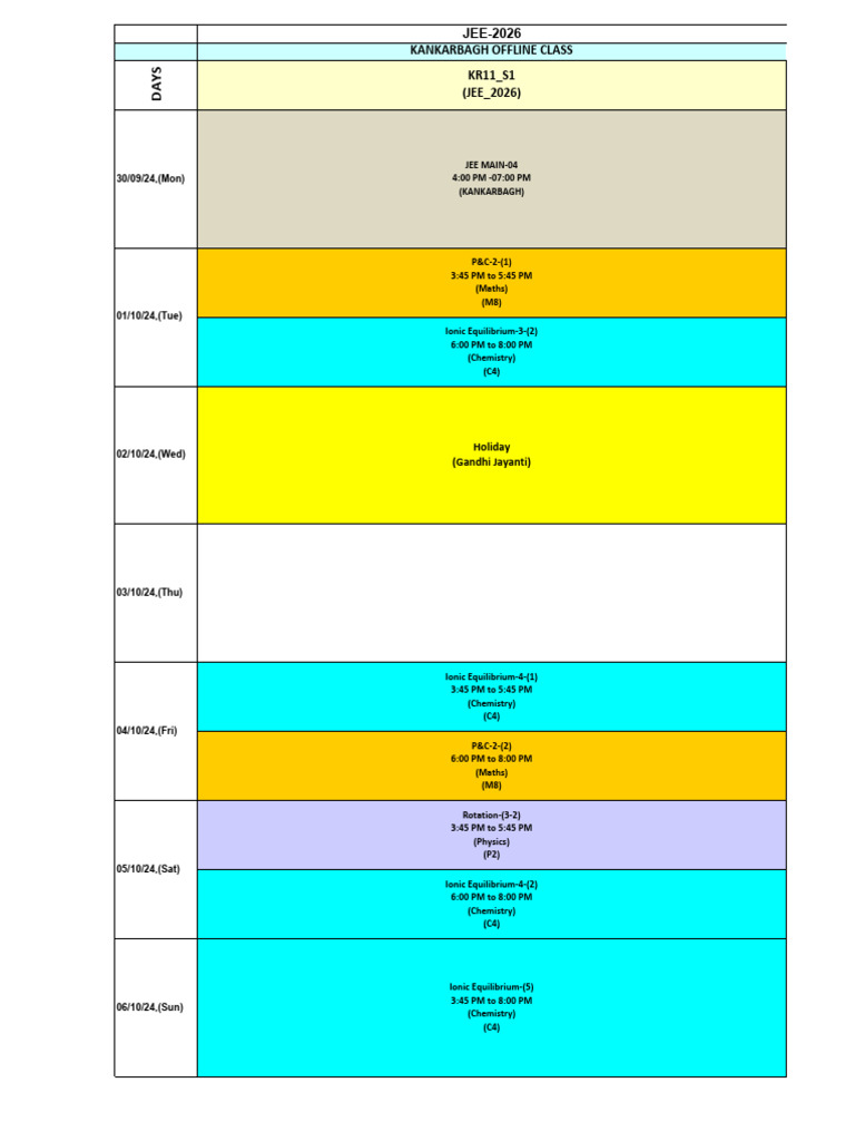 Kankarbagh Offline Class KR11 - S1 (JEE - 2026) : Holiday (Gandhi Jayanti) | PDF