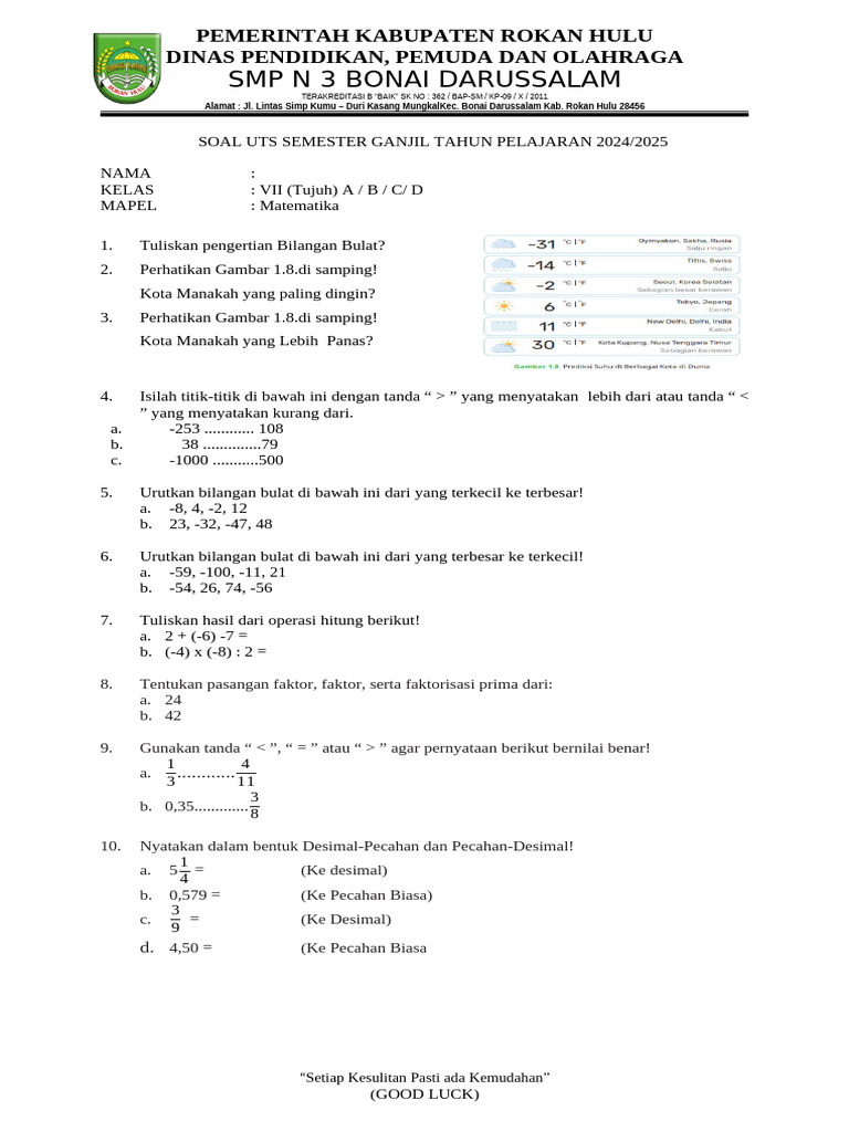 Soal UTS Matematika Kelas VII | PDF