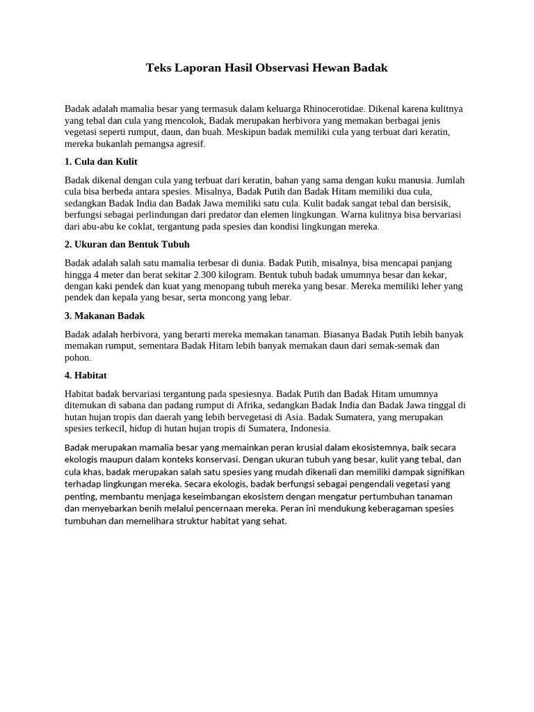 Teks Laporan Hasil Observasi Hewan Badak | PDF