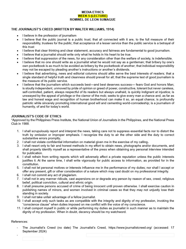 Week 5 - The Journalists Creed and Journalist Code of Ethics in ...