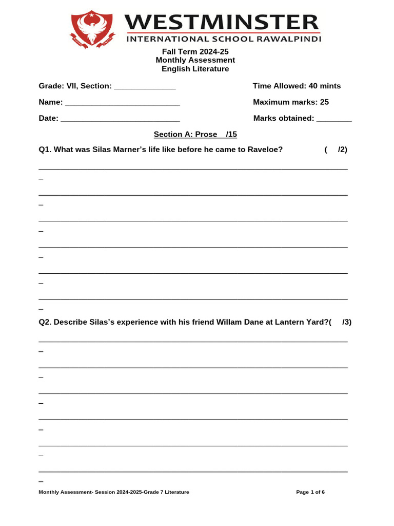 Grade 7 - Literature - Montly Assessment-Variant 2 | PDF