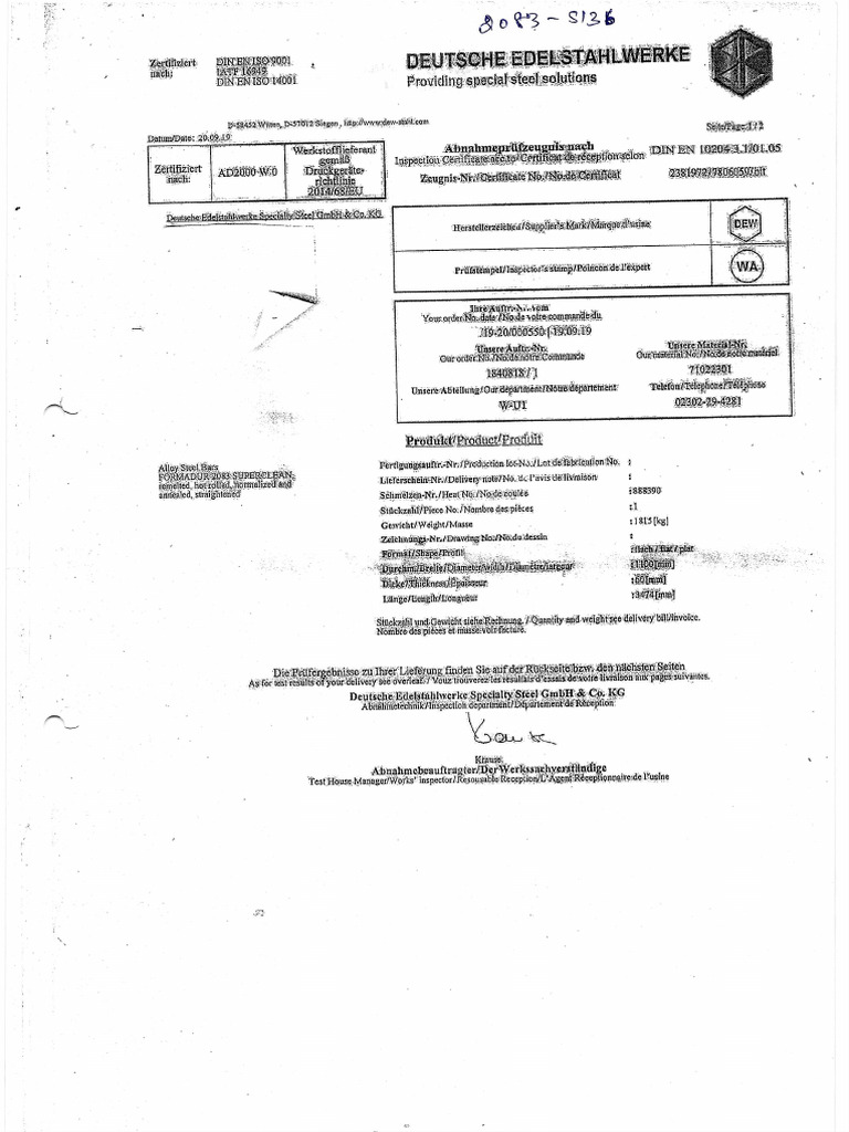 Raw Material Certificate S136 & S136 H | PDF