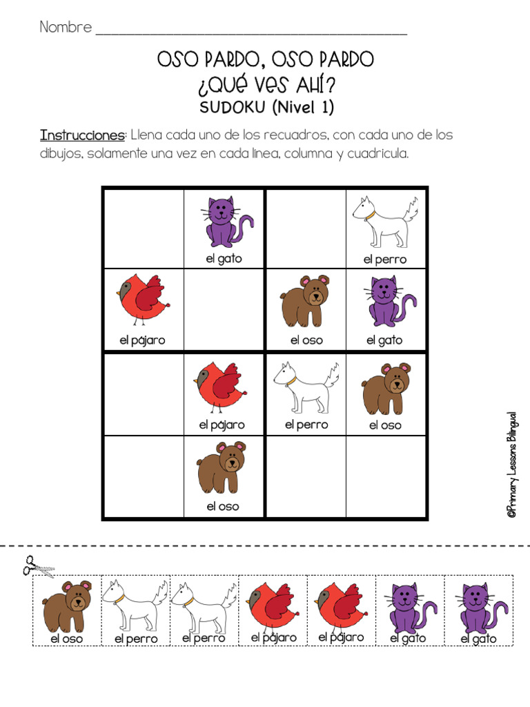 Oso Pardo, Oso Pardo ¿Qué Ves Ahí?: Sudoku (Nivel 1) | PDF