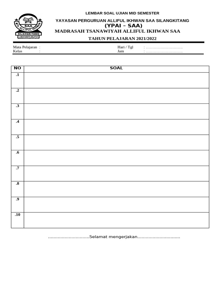 BLANGKO LEMBAR SOAL UJIAN MID SEMESTER | PDF