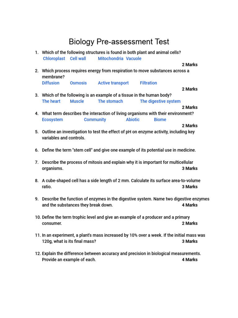 Year 10 Biology Pre-Assessment Test | PDF