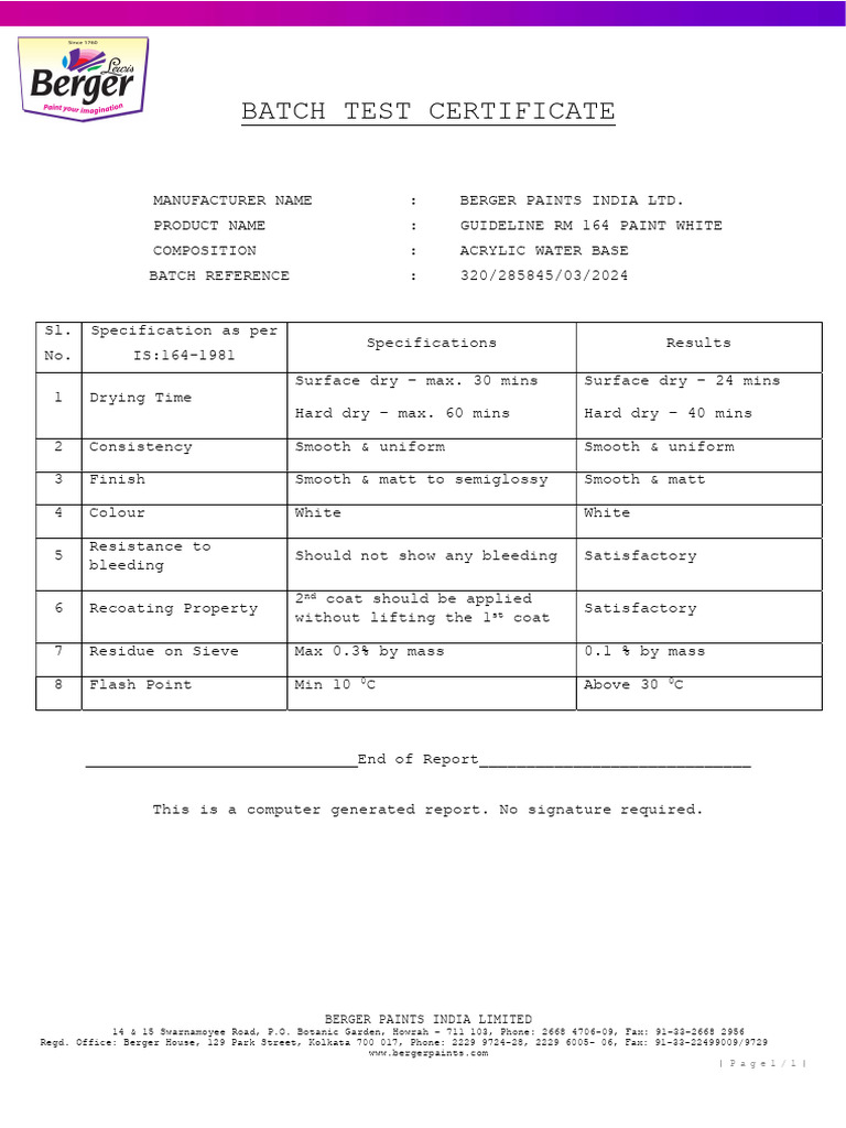 Batch Test Certificate: Berger Paints India Limited | PDF