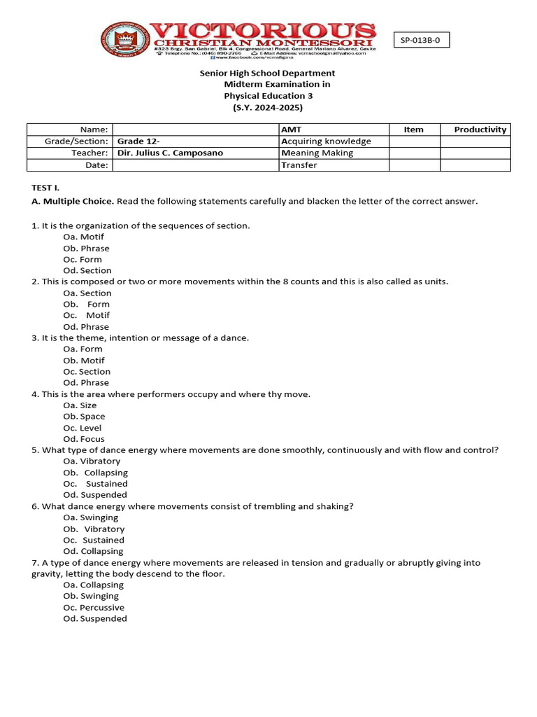 1ST Sem. Midterm Exam - P.E 3 | PDF