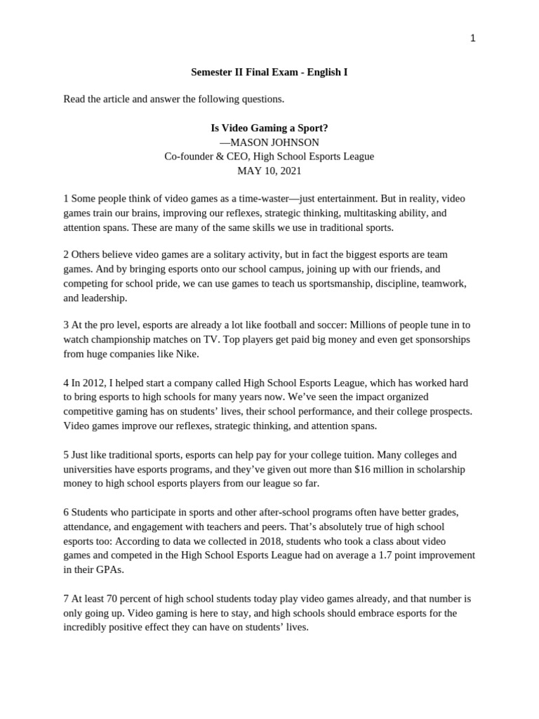 Semester II Final Exam - English I | PDF