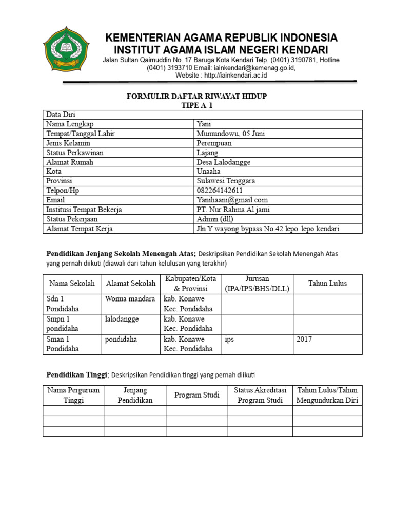 Formulir Riwayat Hidup IAIN Kendari | PDF