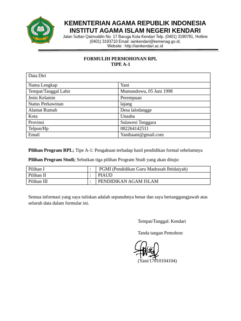 Formulih Permohonan RPL | PDF