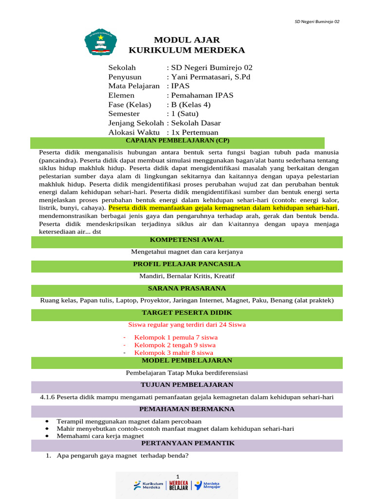 Modu Ajar Ipas Kelas 4 Deferensiasi - Yani | PDF