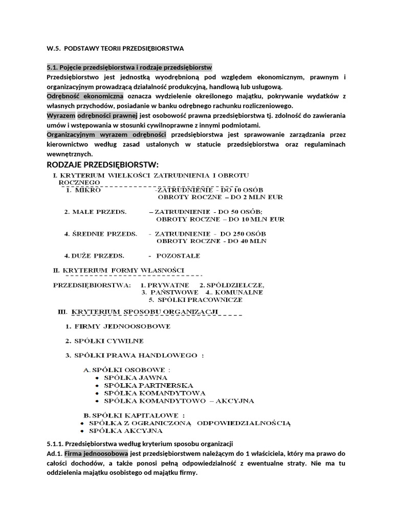 W.5. Podstawy Teorii Przedsiębiorstwa | PDF