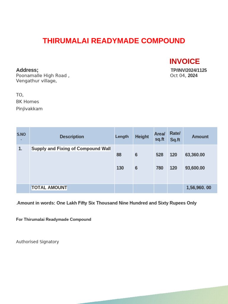 BK Homes Compound Wall Invoice - Pinjivakkam Site | PDF