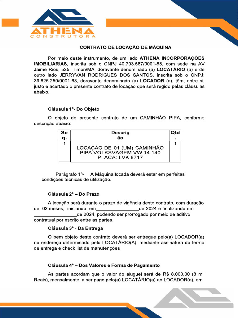 Contrato Locação VW Pipa Placa LVK 8717 | PDF
