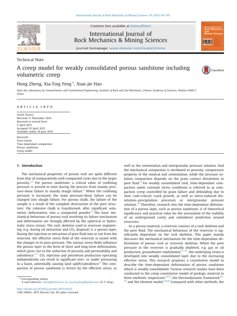 A Creep Model For Weakly Consolidated Porous Sandstone Including | PDF