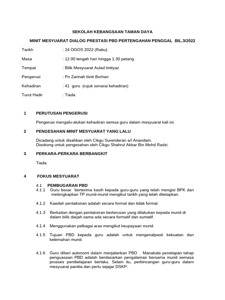 Minit Mesyuarat PBD Bil 3 Dialog Prestasi 2022 | PDF