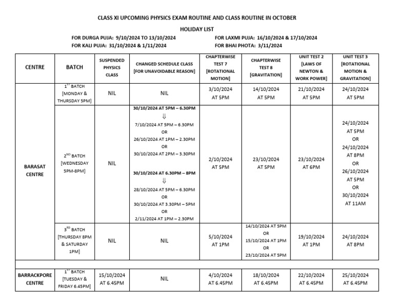 Class Xi Upcoming Physics Exam Routine and Class Routine in October | PDF