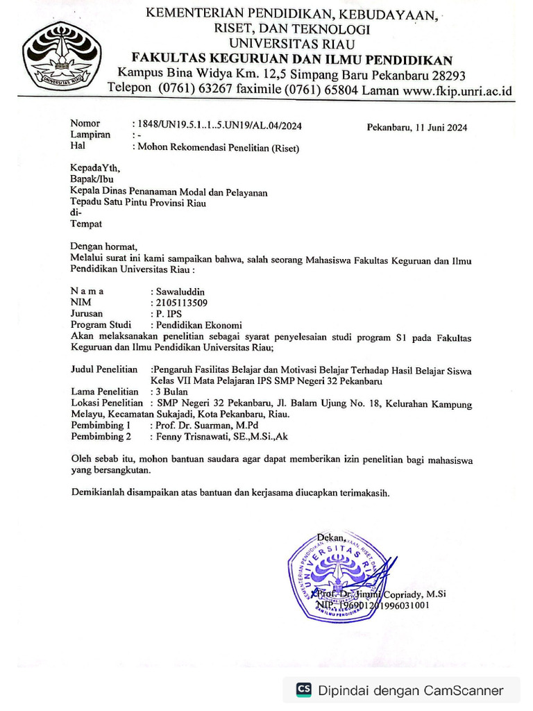 Surat Permohonan Riset - Sawaluddin | PDF