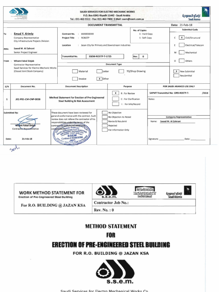 SSEM-ROSTP-T-1725 - 0 Method Statement For Erection of Pre-Engineered ...