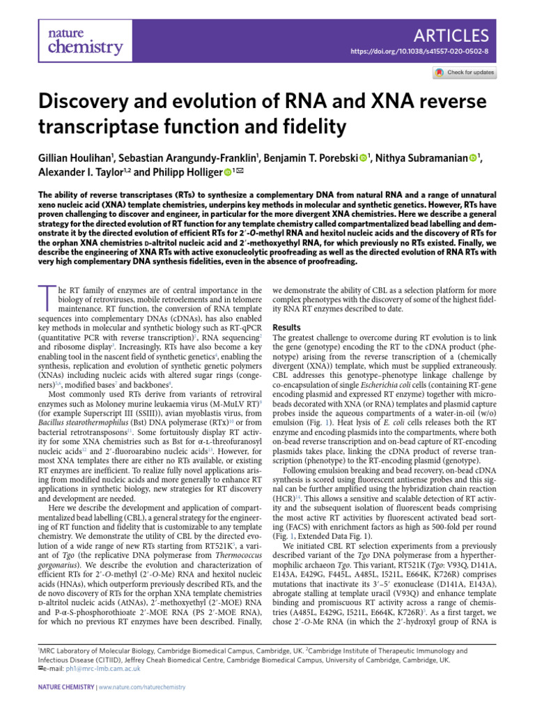 Discovery and Evolution of RNA and XNA Reverse Transcriptase Function and Fidelity | PDF ...