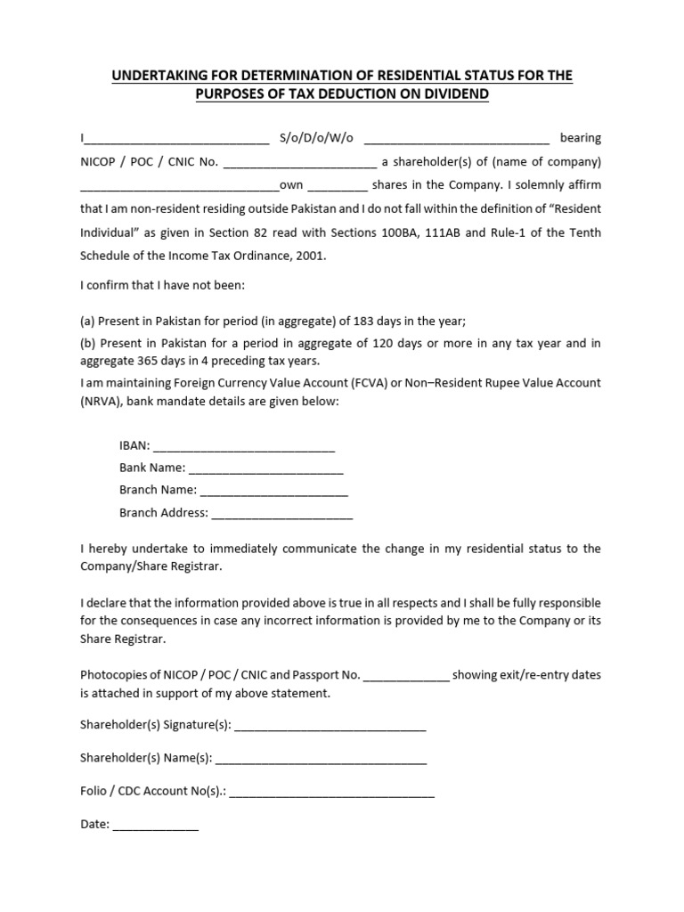 Undertaking For Non Resident Individuals | PDF | Finance & Money Management