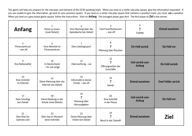 Aqa Gcse German Roleplay Board Game 01 | PDF