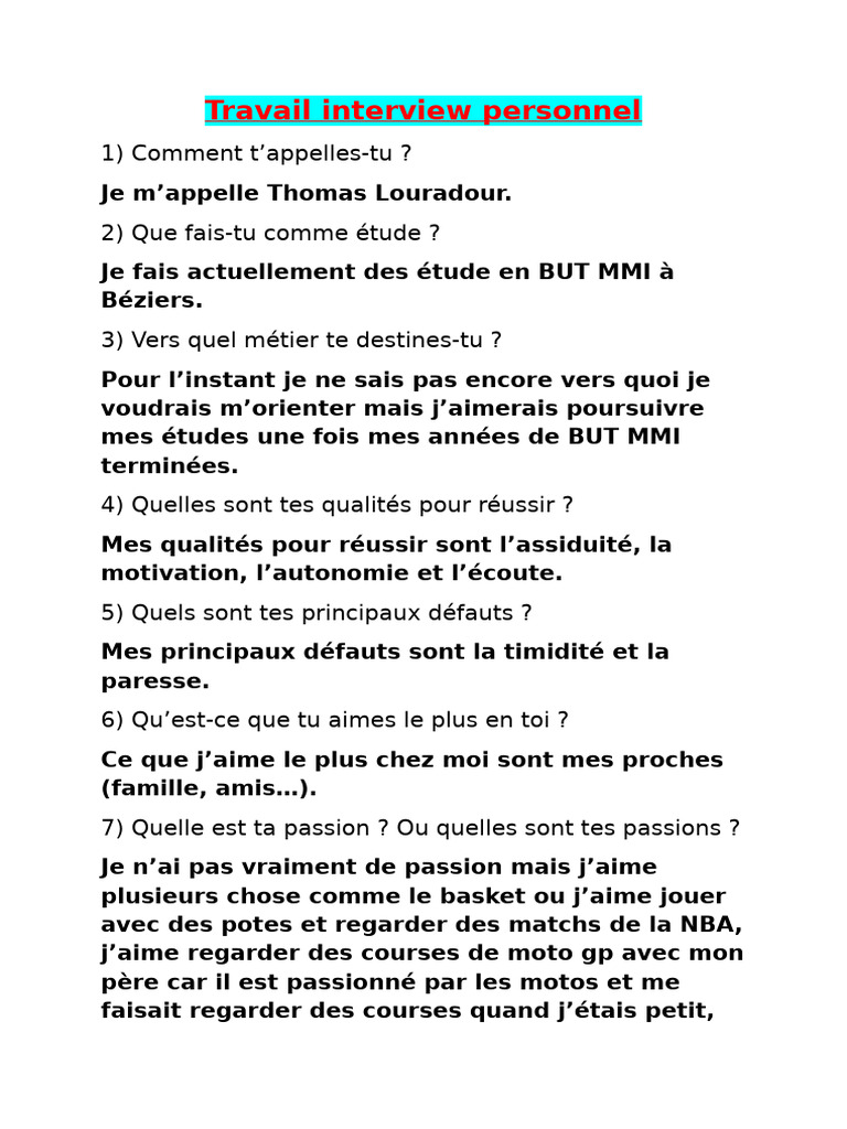 Travail Interview Personnel | PDF
