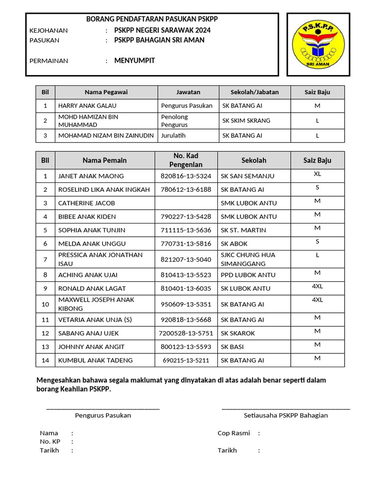 Borang Pendaftaran Pasukan Menyumpit - PSKPP 2024 | PDF