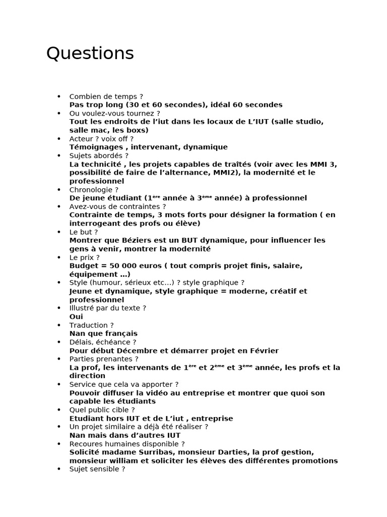 Questions sur le projet en gestion de projet | PDF