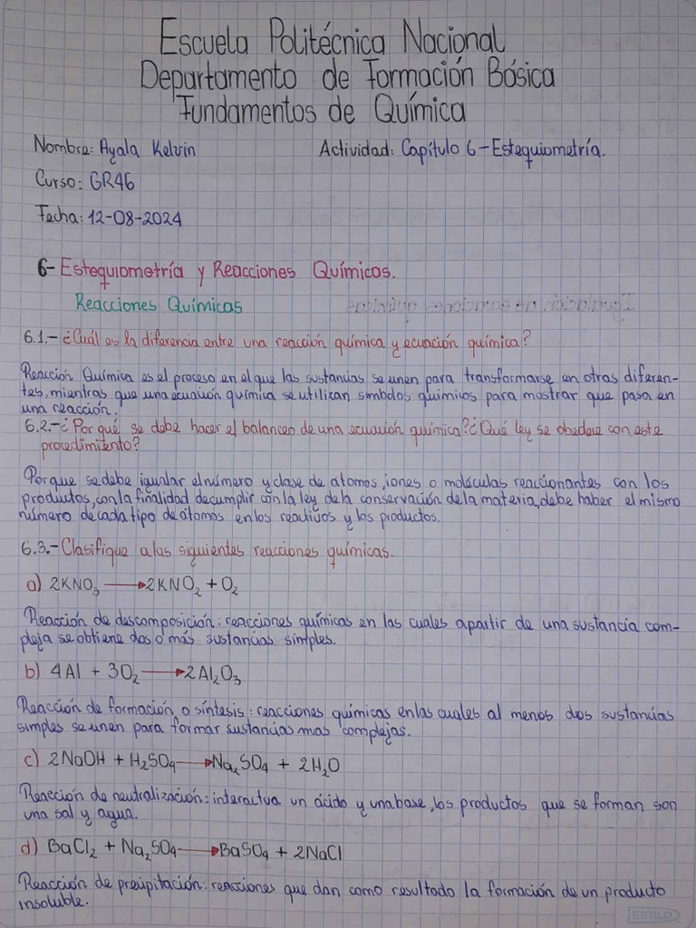 Capitulo 06 Estequiometria Y Reacciones Quimicas Pdf